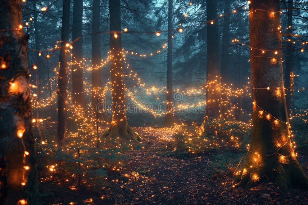 Pathway Lit by String Lights Winding through a Misty Forest Stock Illustration - Illustration of ...