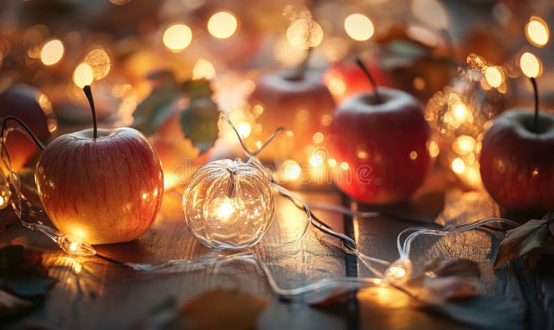String Lights with Glass Apples, Cozy Autumn Feel Stock Photo - Image ...