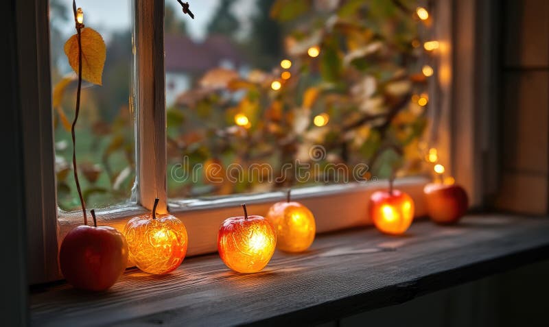 String Lights with Glass Apples, Cozy Autumn Feel Stock Illustration ...