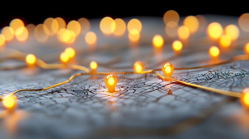 String Lights Glowing on Topographic Map Emphasizing Location and ...