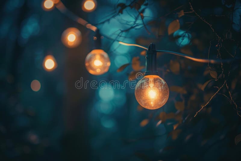 Magical String Lights Glowing Dark Green Forest Night Stock Photos ...