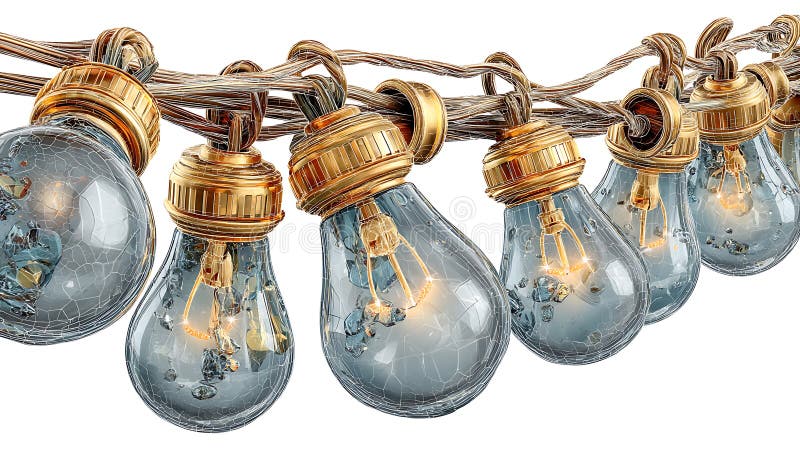 String Lights with Golden Sockets and Crackled Glass on White Backdrop ...
