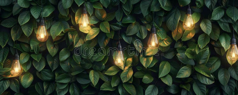 String Lights Hanging on a Lush Green Leaf Wall, Warm Lighting. Eco ...