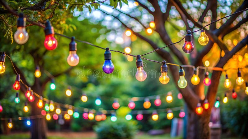 String of Lights Hanging on the Tree Garden Party Romantic Place ...