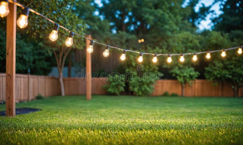 String Lights Illuminate a Backyard at Dusk, Creating a Cozy Atmosphere ...