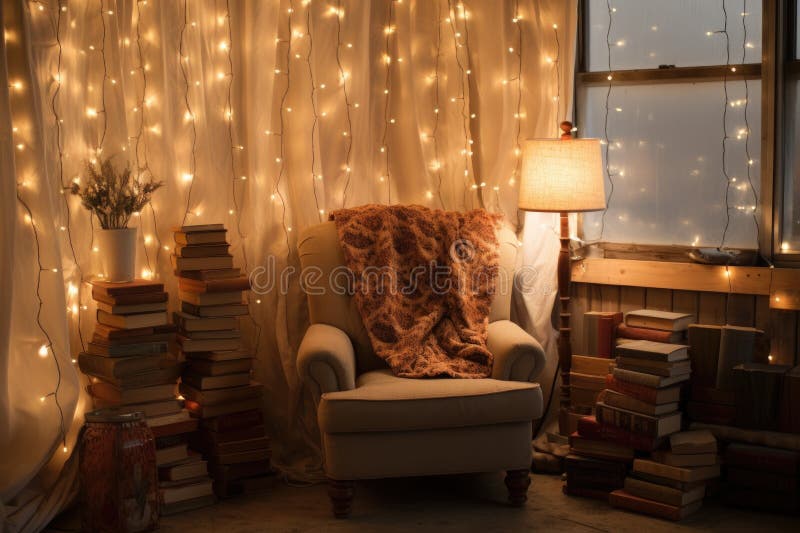 String Lights Illuminating a Cozy Reading Nook Stock Illustration - Illustration of nook ...