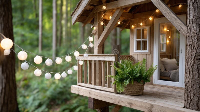 String Lights Warmly Illuminate a Rustic Treehouse, Surrounded by ...