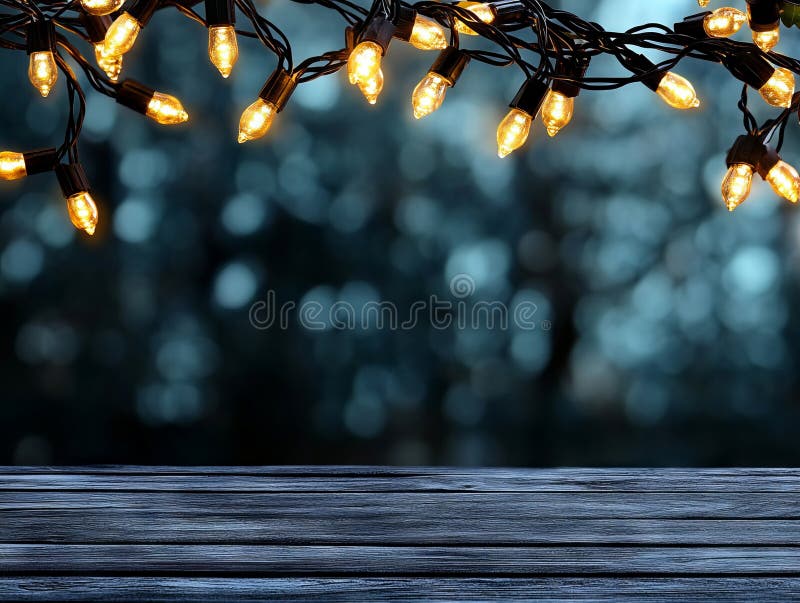 A String of Lights on a Wooden Table in Front of a Forest Stock Image ...