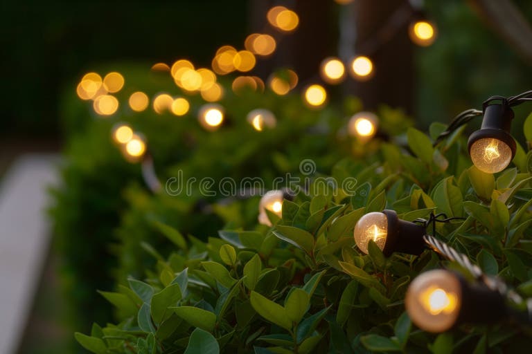 String Lights Wrapped Around Garden Bushes Stock Image - Image of ...