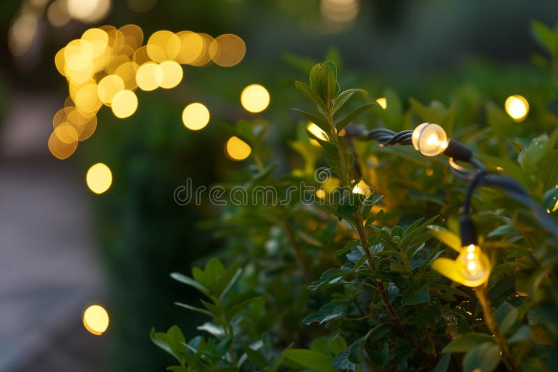 String Lights Wrapped Around Garden Bushes Stock Photo - Image of ...