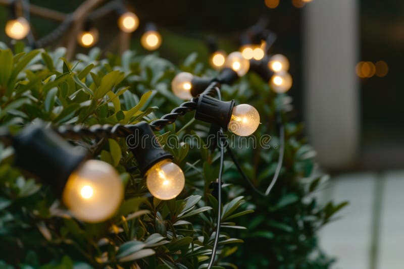 String Lights Wrapped Around Garden Bushes Stock Photo - Image of cozy ...