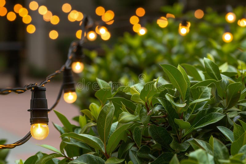 String Lights Wrapped Around Garden Bushes Stock Image - Image of ...