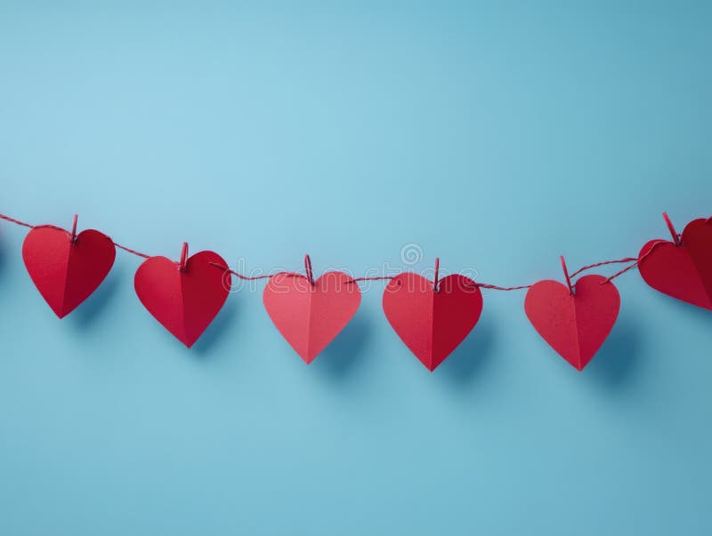 String of Red Hearts Hanging from a Blue Background Stock Photo - Image ...