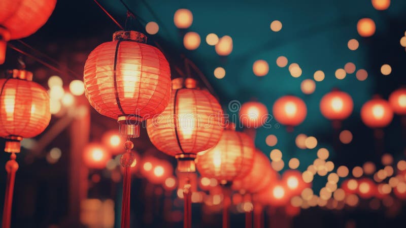 String of Red Lanterns Hanging in the Dark Stock Illustration ...