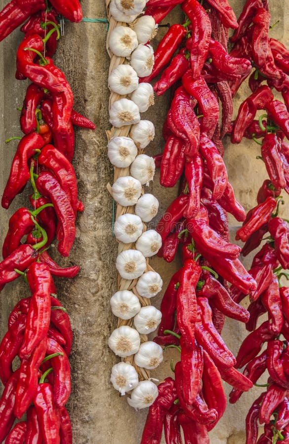 String of Red Peppers and Garlic Stock Photo - Image of europe, healthy ...