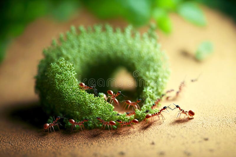String of Small Red Ants Carrying Leaves into Its Anthill Stock Photo ...