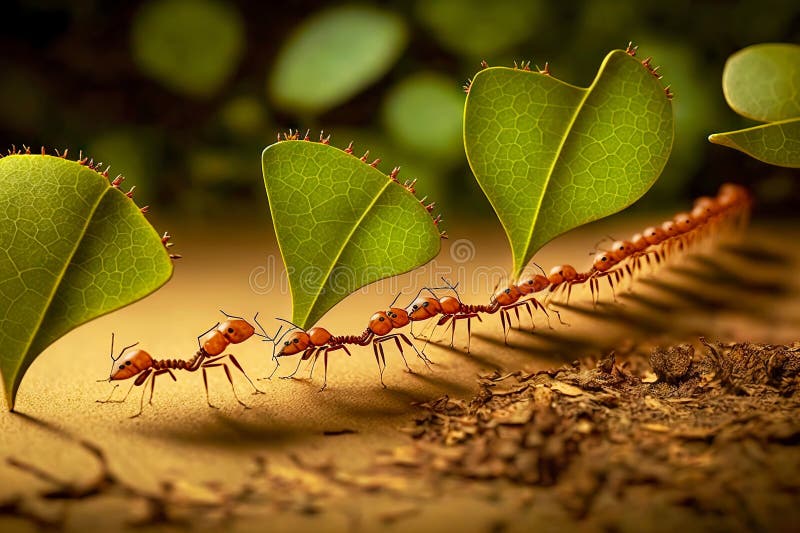 String of Small Red Ants Carrying Leaves into Its Anthill Stock ...