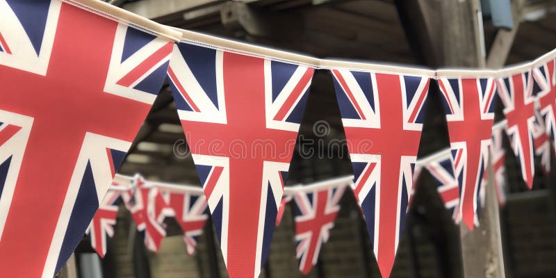 String of Union Jack Bunting Flag Decorations for a Celebration in the ...