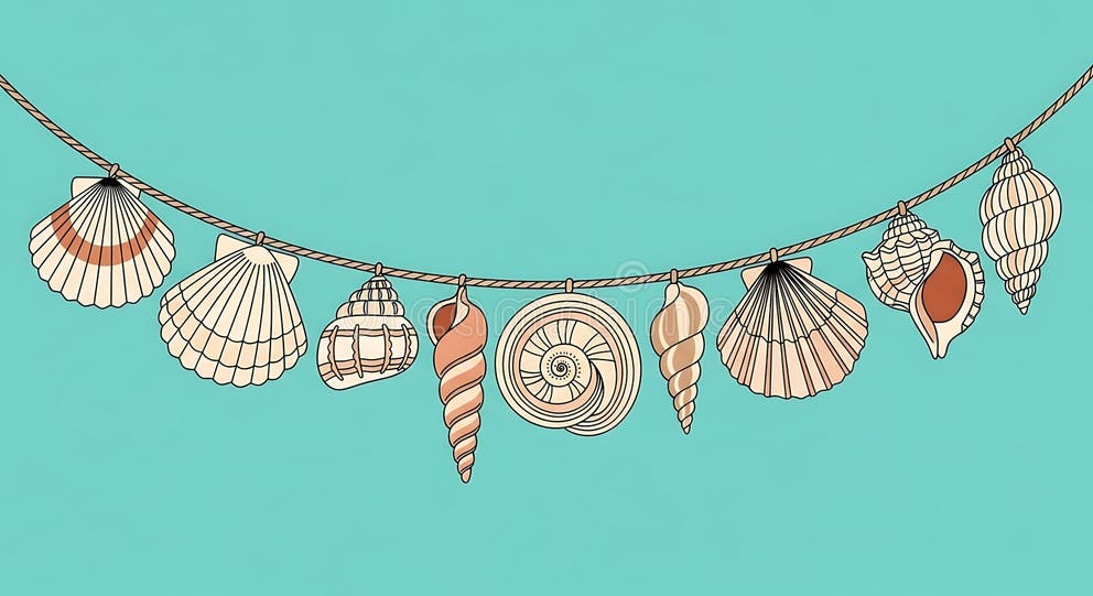 A String of Various Seashells is Artistically Arranged on a Horizontal ...