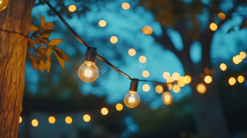 String of Warm White Lights Against a Blue Sky and Tree Branches Stock ...