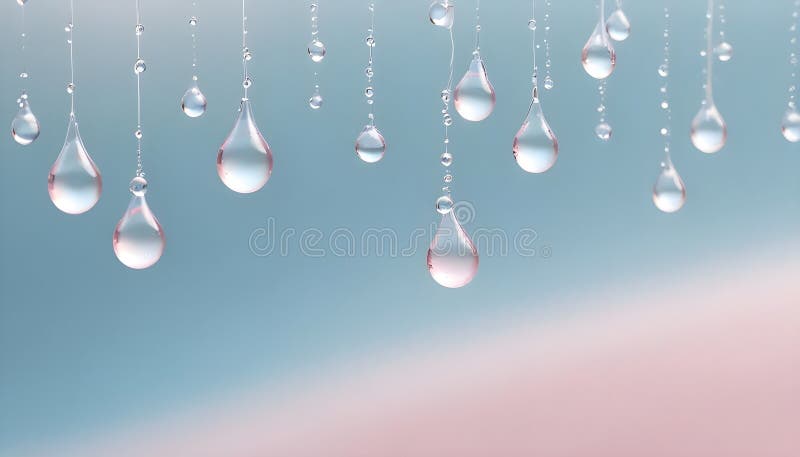 A String of Water Drops Hanging from a Surface Against a Blue and Pink ...