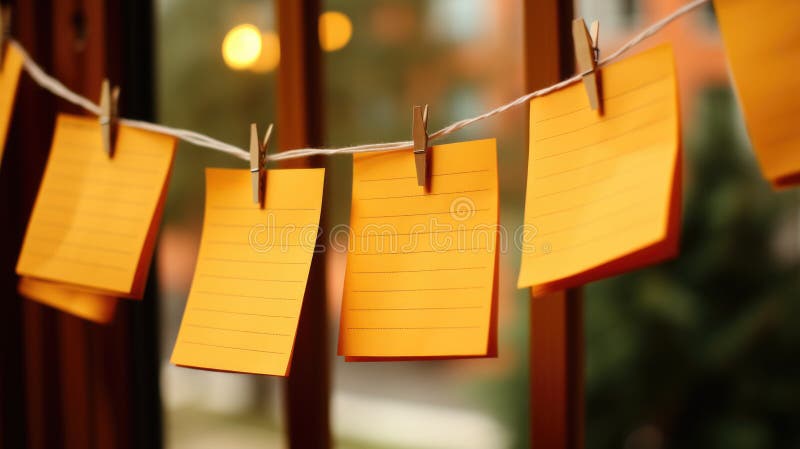 A String of Yellow Sticky Notes Hanging on a Clothesline, AI Stock ...