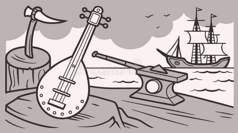 Stringed Instrument on Anvil in Workshop with Ship Background, Vector ...