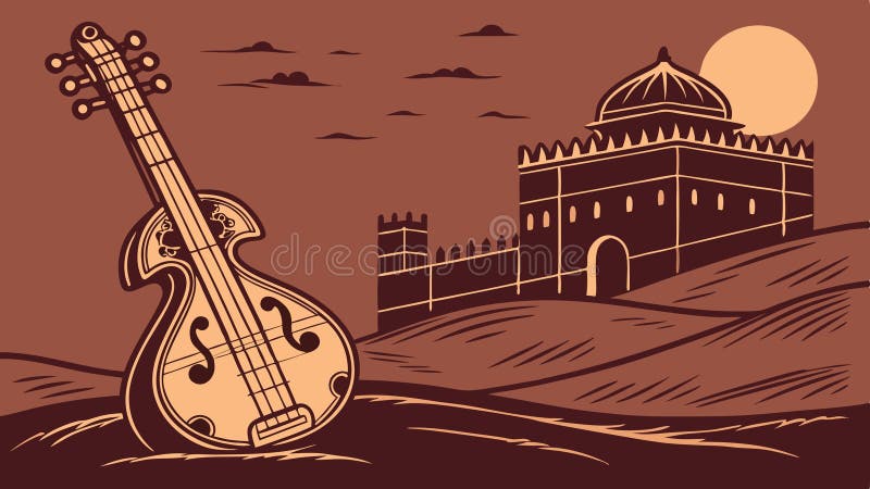 Stringed Instrument by Fortified Building at Sunset, Vector Design ...