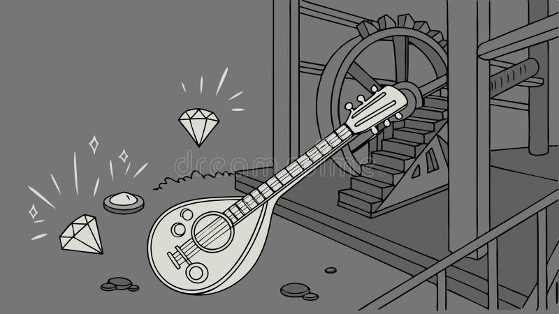 Stringed Instrument in Industrial Scene with Gears and Diamonds, Vector ...