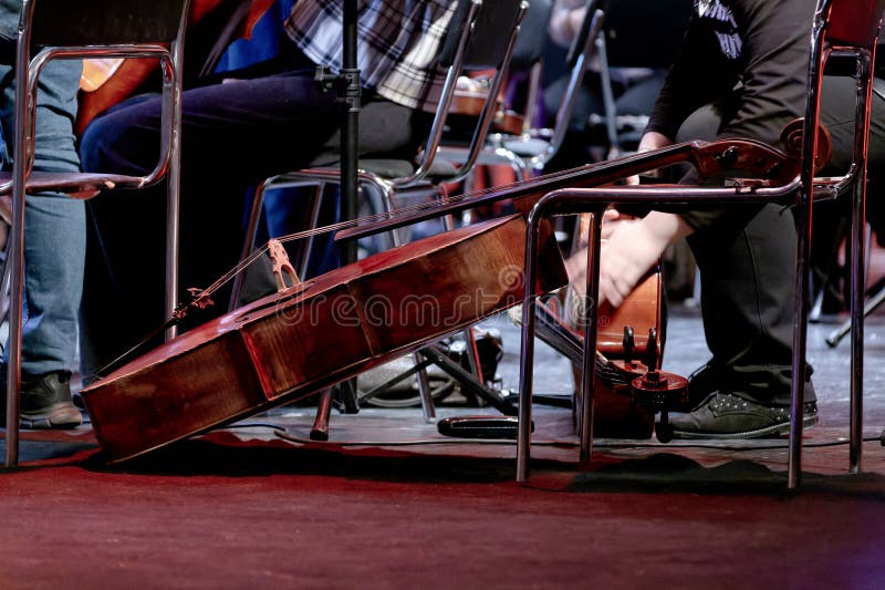Stringed Musical Instrument Cello on the Floor in Overflow of ...