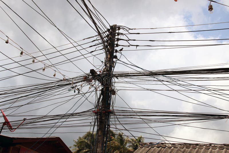 Electricity Distribution Network Pole and Cables Against Blue Stock ...