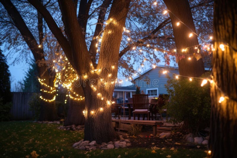 Strings of Fairy Lights Wrapped Around Trees in the Backyard Stock ...