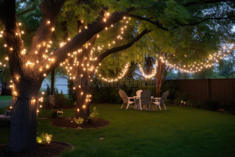 Strings of Fairy Lights Wrapped Around Trees in the Backyard Stock ...