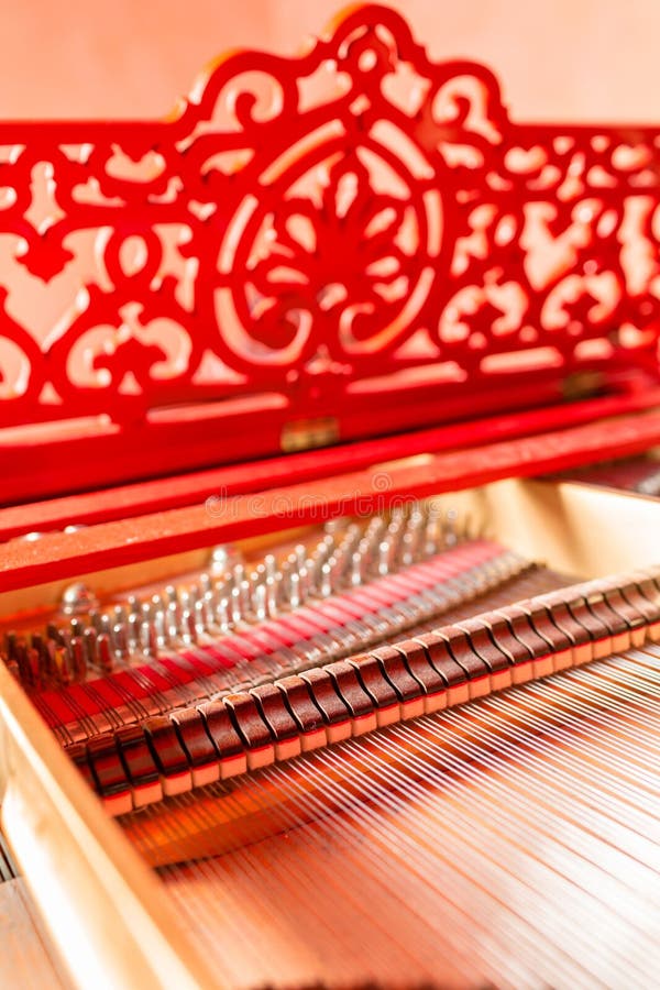 Strings Inside a Red Grand Piano. Piano Playing, Dampers, Felt Hammers ...