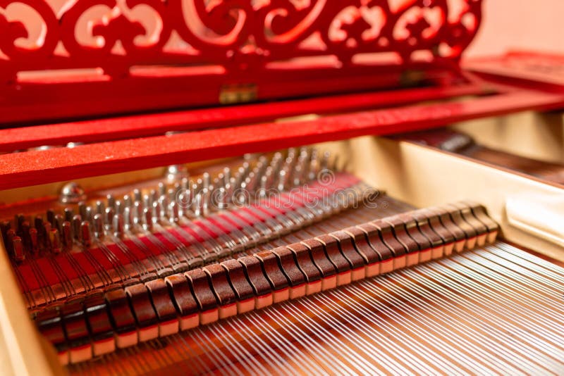 Strings Inside a Red Grand Piano. Piano Playing, Dampers, Felt Hammers ...