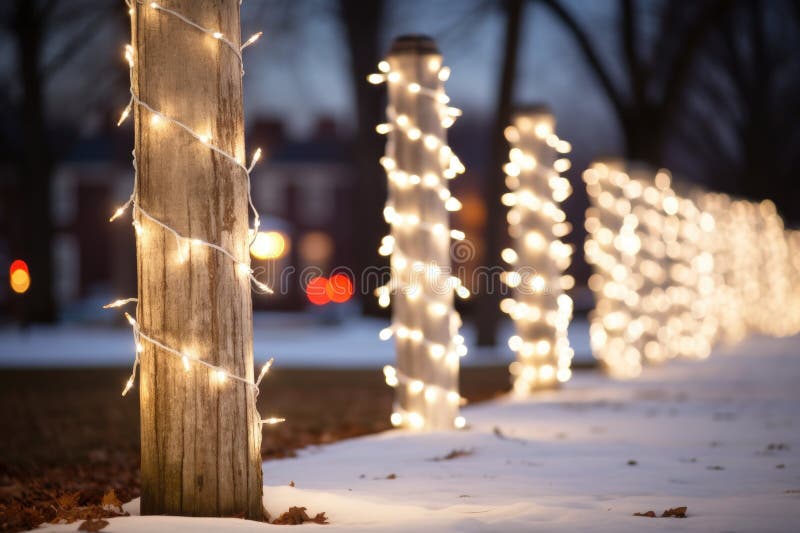 Strings of White Fairy Lights Wrapped Around Posts Stock Image - Image ...