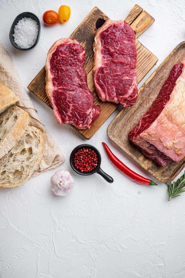 Strip Loin Steak, Raw Marbled Meat, on White Background, Top View, with ...