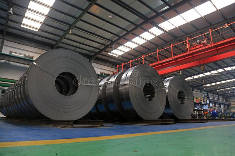 Strip steel in the factory stock image. Image of metal - 365707055