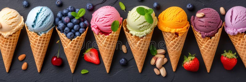 Stripe of Various Ice Cream Flavors with Berries and Nuts on Black ...