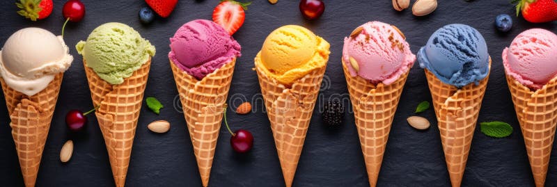 Stripe of Various Ice Cream Flavors with Berries and Nuts on Black ...