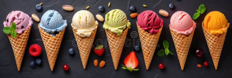 Stripe of Various Ice Cream Flavors with Berries and Nuts on Black ...
