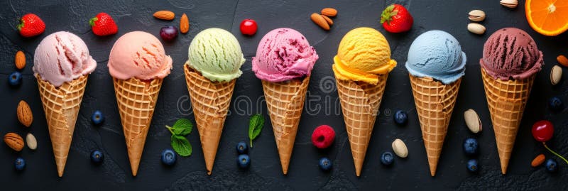 Stripe of Various Ice Cream Flavors with Berries and Nuts on Black ...