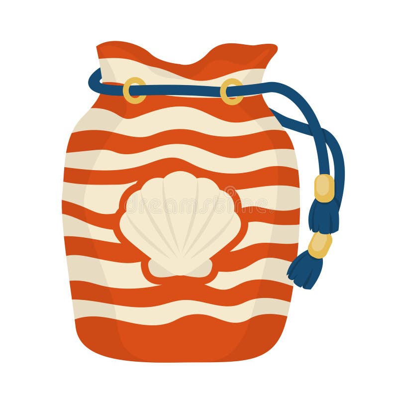 Striped Beach Pouch with Shell Design and Drawstring Vector ...