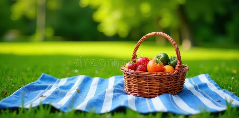 Striped Blue Picnic Blanket, Overflowing Basket, Lush Grass, Striped, Blanket, Background Stock ...