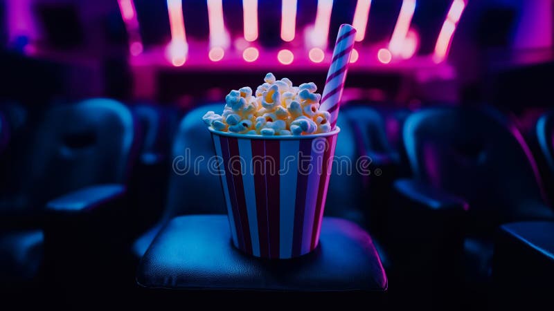 A Striped Bucket of Popcorn Sits on a Theater Seat Ready for the Show ...