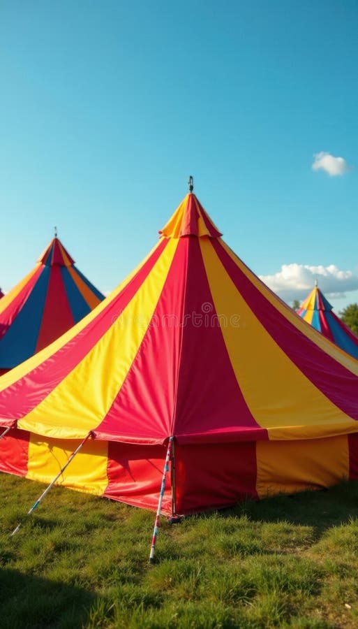 Striped Canvas Tent, Vibrant Colors, Poles Visible, Structure, Visual ...