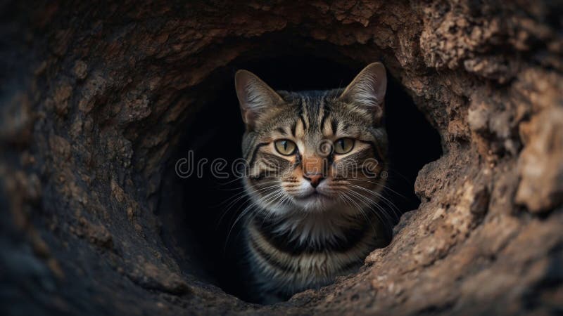 A Striped Cat is Also Known As Hiding in a Dark Hole, in a Hole. Stock ...