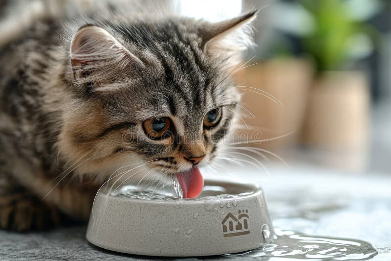 A Striped Cat Lapping Water from a Plate, Its Tongue Extended Stock ...