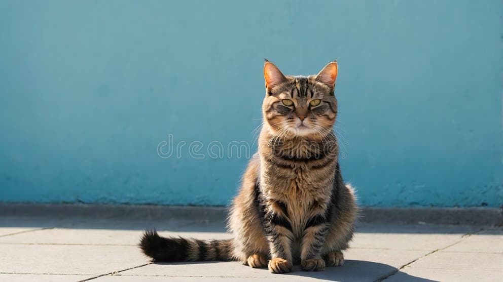A Striped Cat with a Lazy Expression is Sitting and Basking in the Sun ...
