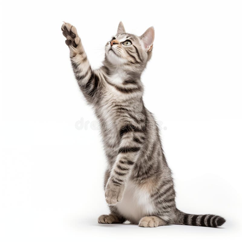 Striped Cat Reaching Up with Paw on White Background Stock Illustration ...